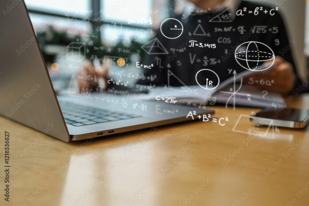 Laptop with mathematical formulas and geometric shapes overlaid in ...