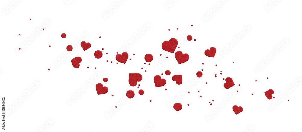 Scattered red paper confetti and hearts isolated on white or ...