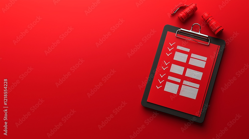 Red fire safety checklist on clipboard with red background, emphasizing ...