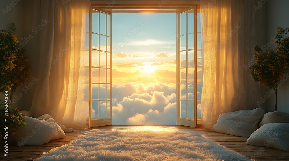 Sunlit room with open French doors revealing a breathtaking sunrise ...