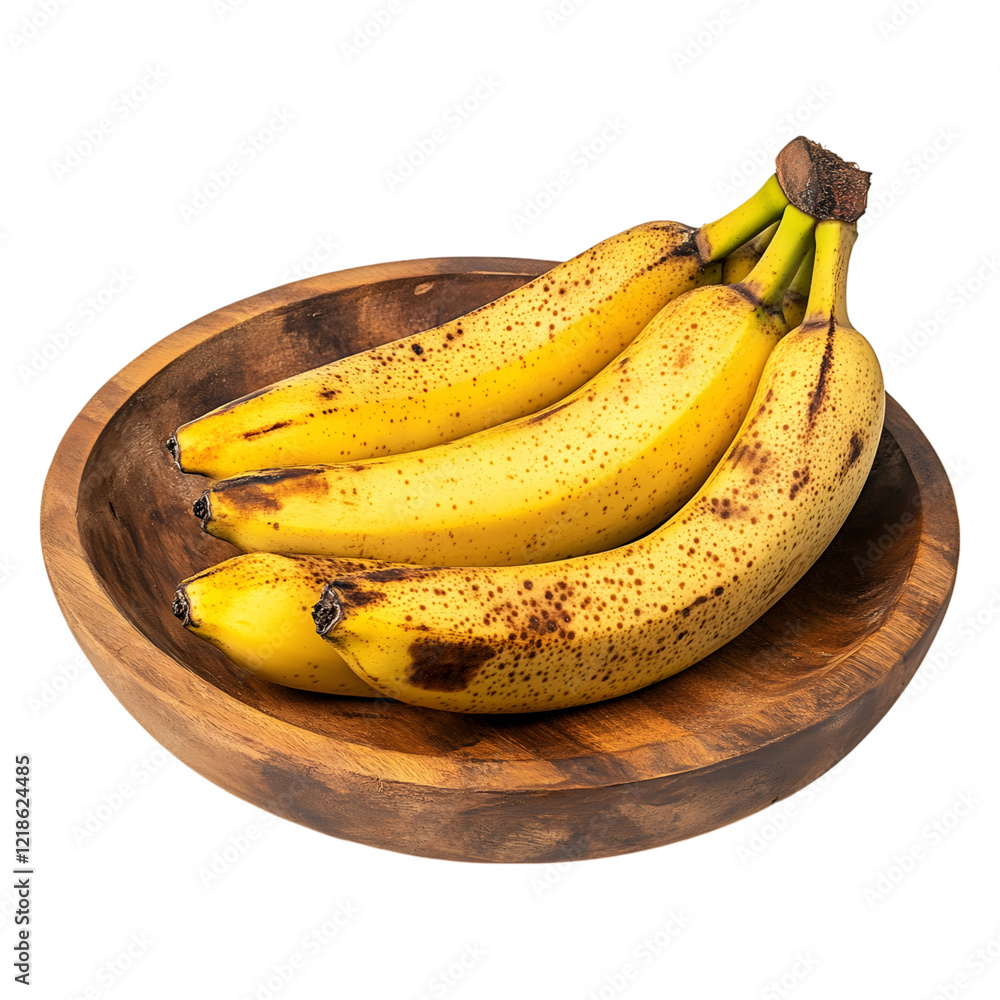 Three ripe bananas with brown spots rest in a rustic wooden bowl ...