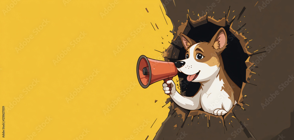 cartoon dog holding a megaphone peering through a brown hole, bright ...