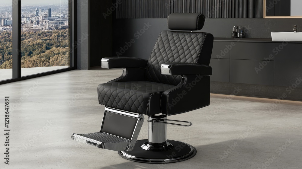 High-end black barber chair with adjustable height and footrest in a ...