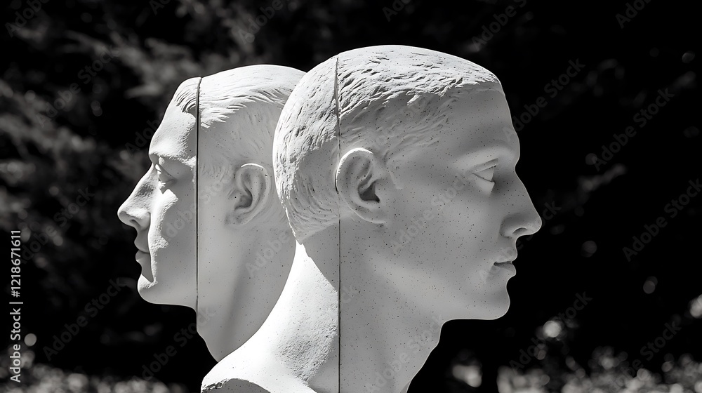 Two statues of a man's head are shown, one on the left and one on the ...