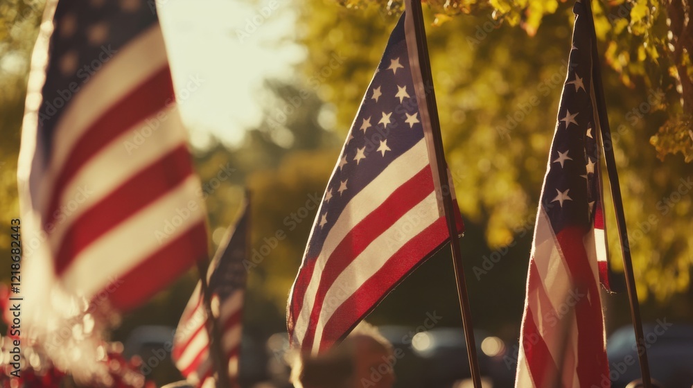 Patriotic Veterans Day celebration. Featuring veterans, national flags ...