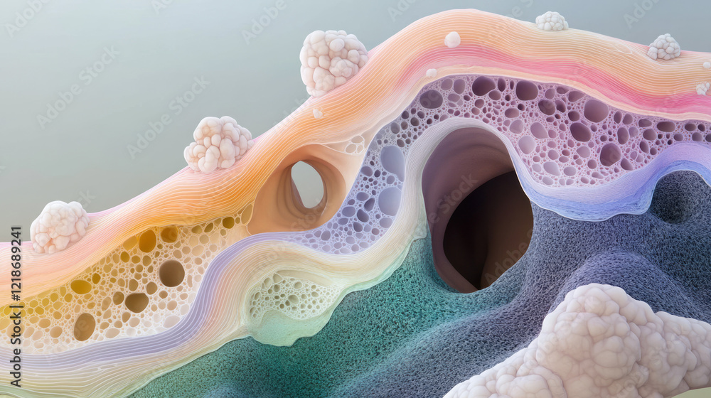 A creative digital artwork depicting a cross-section of human skin ...