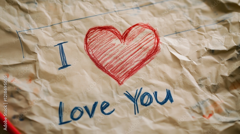 The imperfectly sketched heart and handwritten I Love You on crumpled ...
