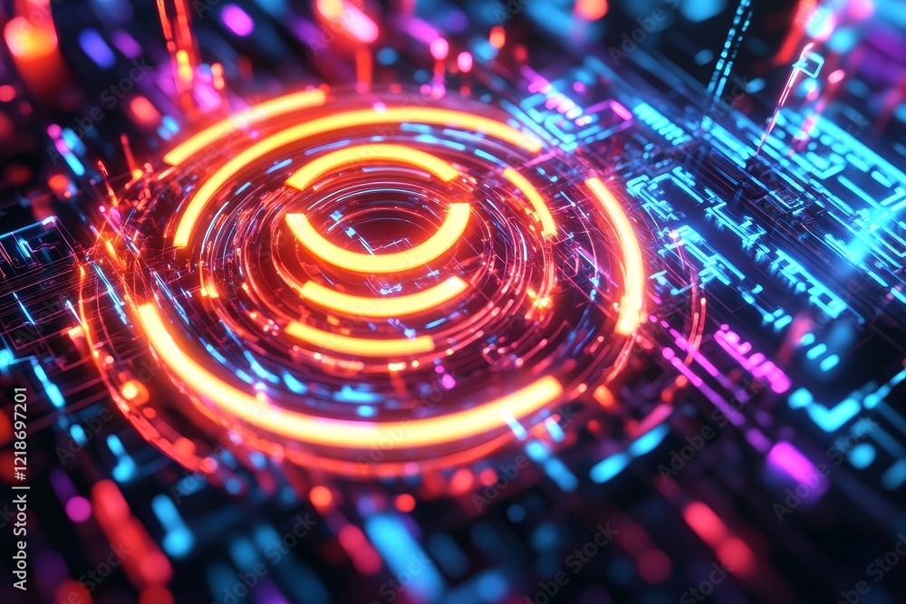 Vibrant digital copyright symbol encircled by neon cyber structures ...