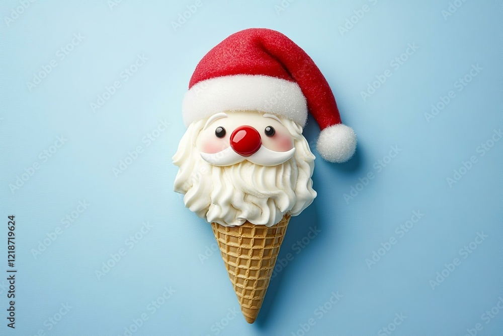 Santa Claus ice cream on light blue background. Santa Claus red hat on ...