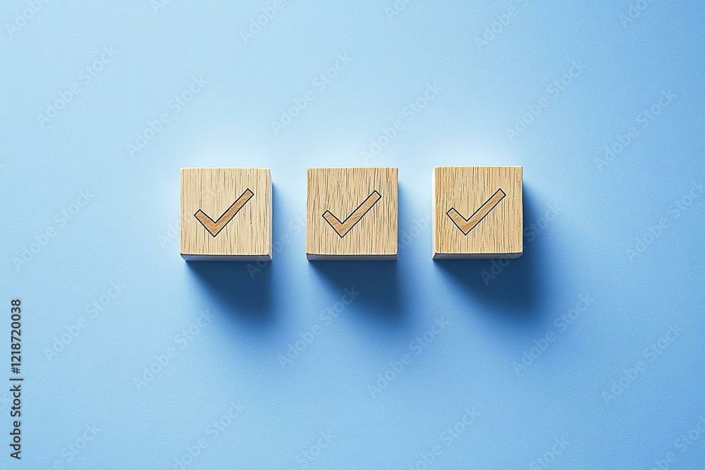 Checklist concept Check mark on wooden blocks blue background with copy ...