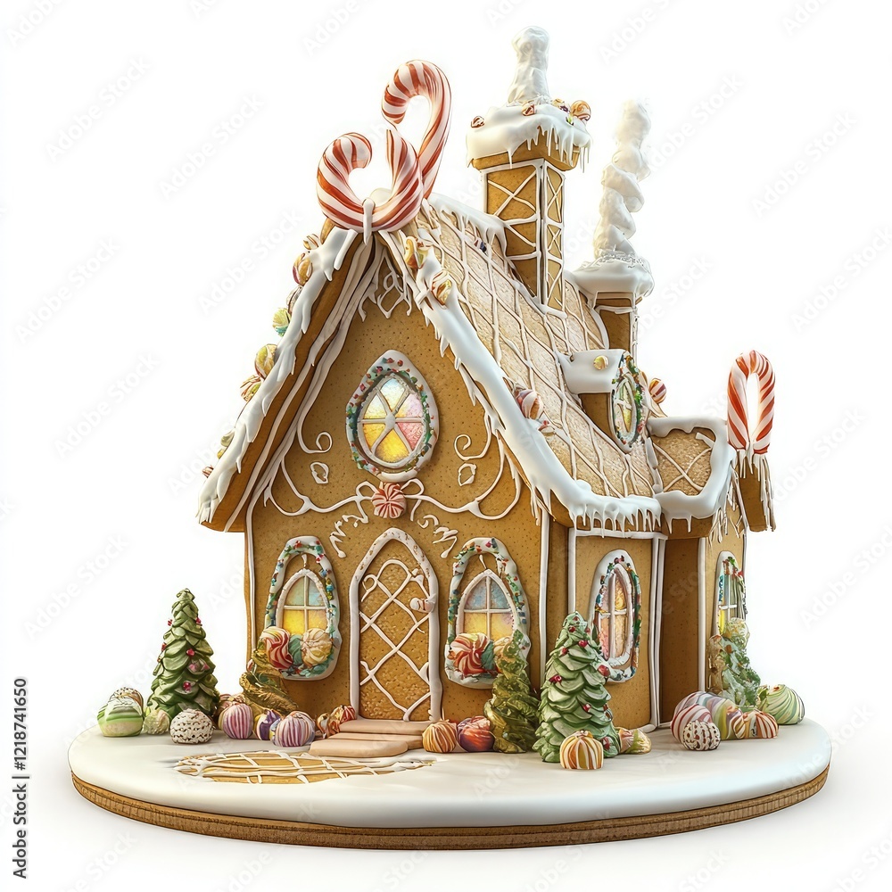 3D model of a gingerbread house, front view, on a white background ...