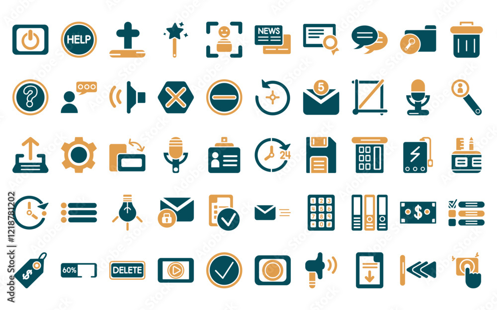 50 linear user interface icon pack. vector thin line hours, help web button, cross, magic wand ...