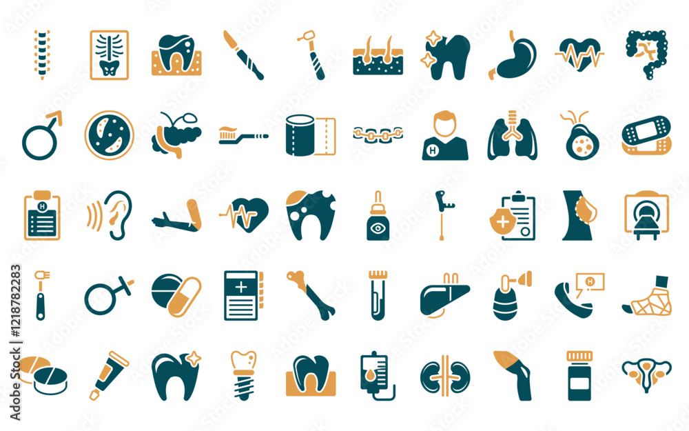50 linear medical icon pack. vector thin line eye drops, x ray, gum ...
