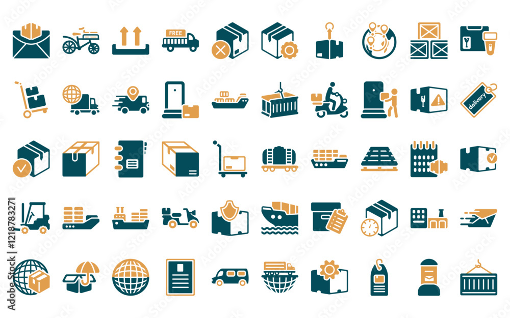 50 linear delivery and logistics icon pack. vector thin line cargo ...