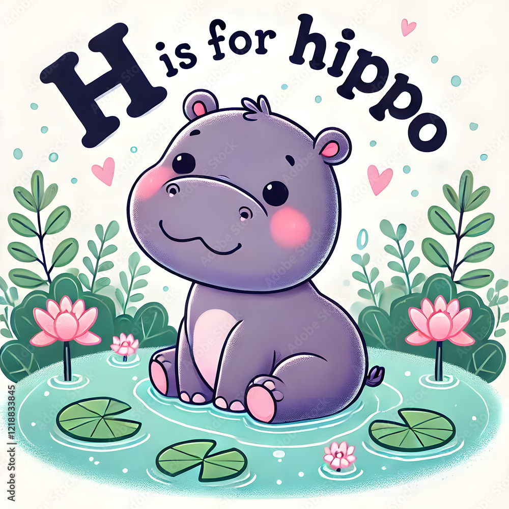 H is for Hippo– A chubby, smiling hippo sitting in a pond with lily ...