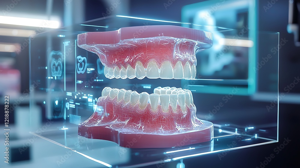 Futuristic Dental Care: A high-tech dental clinic displays a floating ...