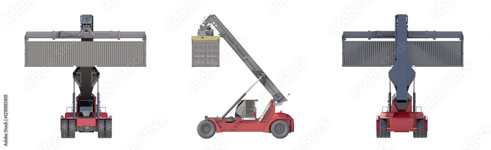 Red reach stacker with a black shipping container. Orthogonal views of ...