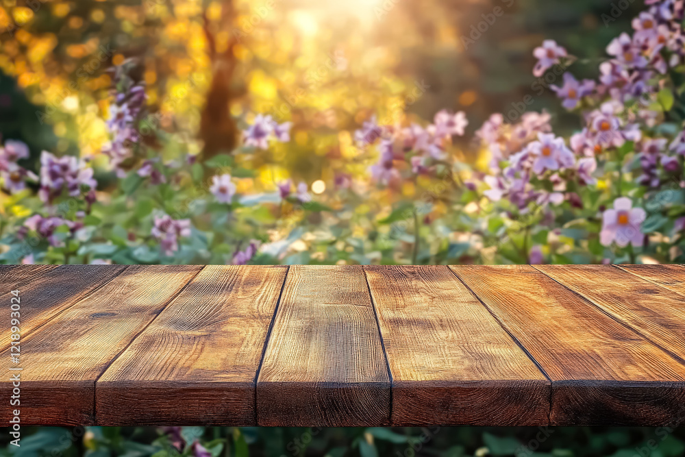 Wooden table with a view of a field of flowers. The table is empty and ...