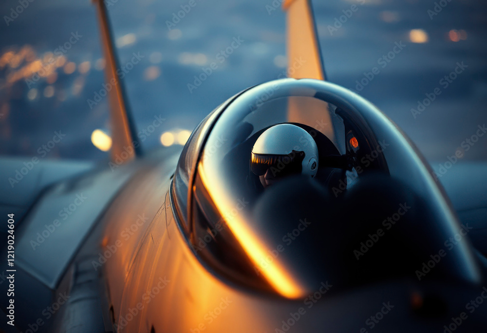 Pilot focused and alert inside a military fighter jet cockpit while ...