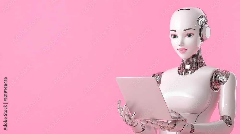 Female Robot Using Laptop, AI Technology, Clean Minimalist Pink ...