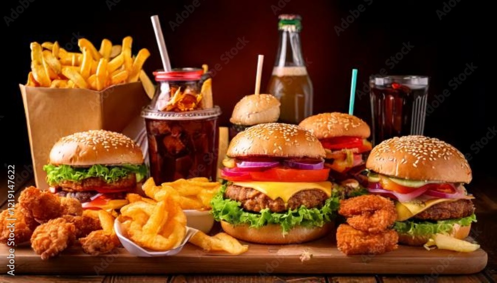 Fast food delivery menu background showcasing an assortment of burgers ...