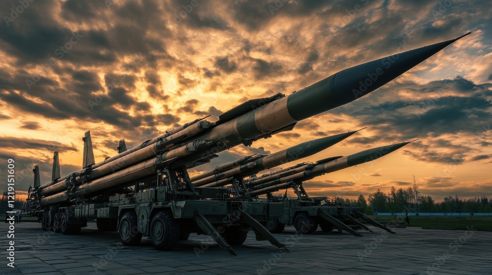 Military Missile Launchers Under Dramatic Sunset Sky with Clouds and ...