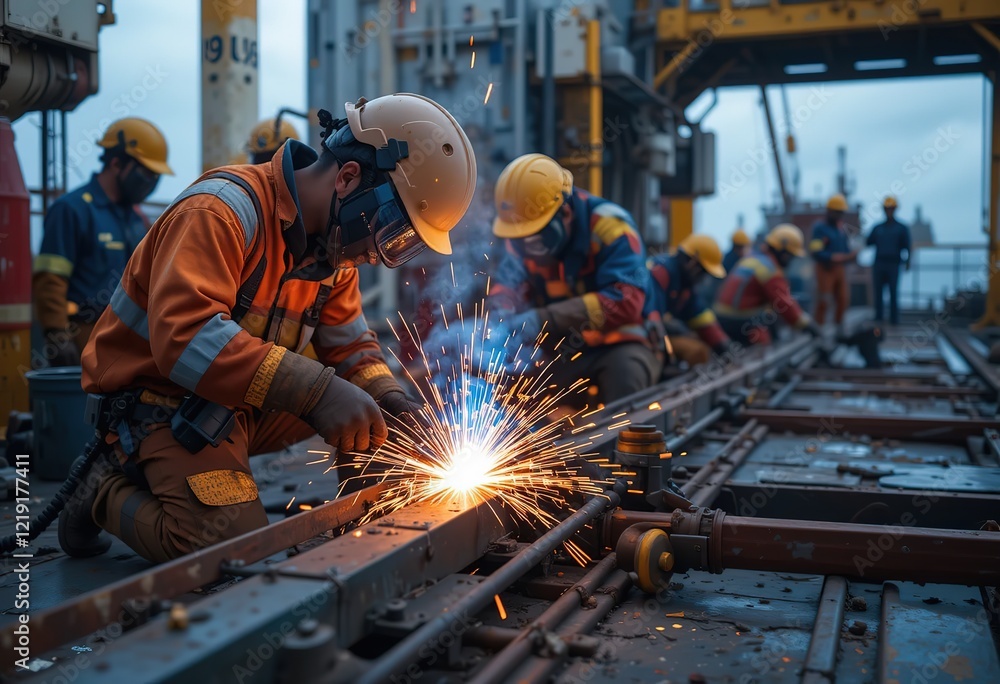Offshore workers welding metal on an oil platform, with sparks flying ...
