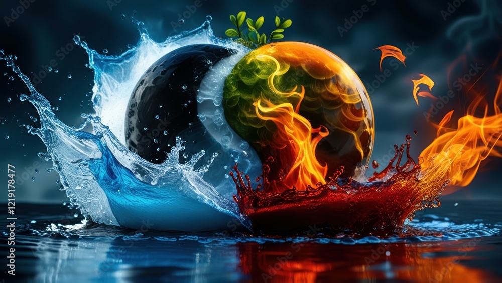 Yin yang symbol, fire and water elements, cosmic balance, swirling ...