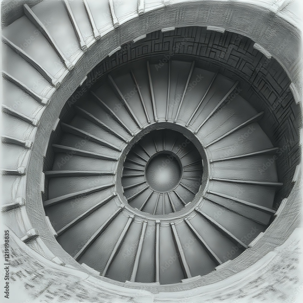 This is a black and white image depicting a spiral staircase with a ...