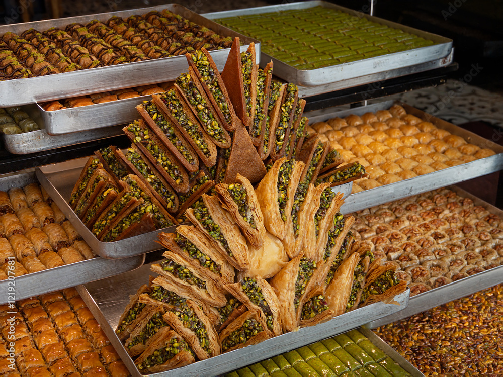 Assorted Turkish Pastry Desserts Showcased in Display Trays with Rich ...