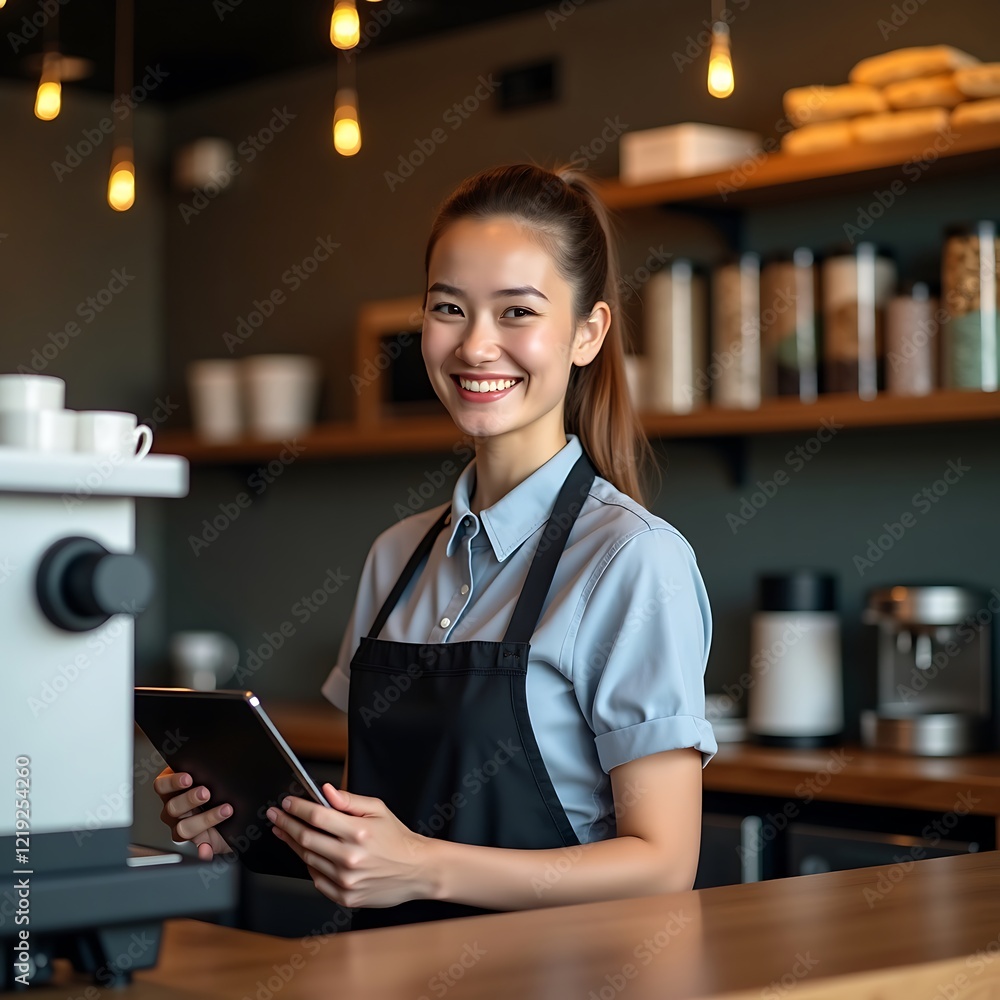 Smiling businesswoman using tablet at café desk indoors, managing ...