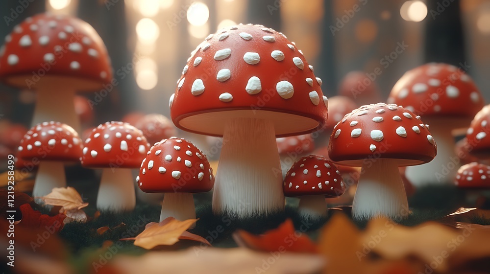 Enchanted Forest: A Cluster of Red and White Mushrooms in Autumnal ...