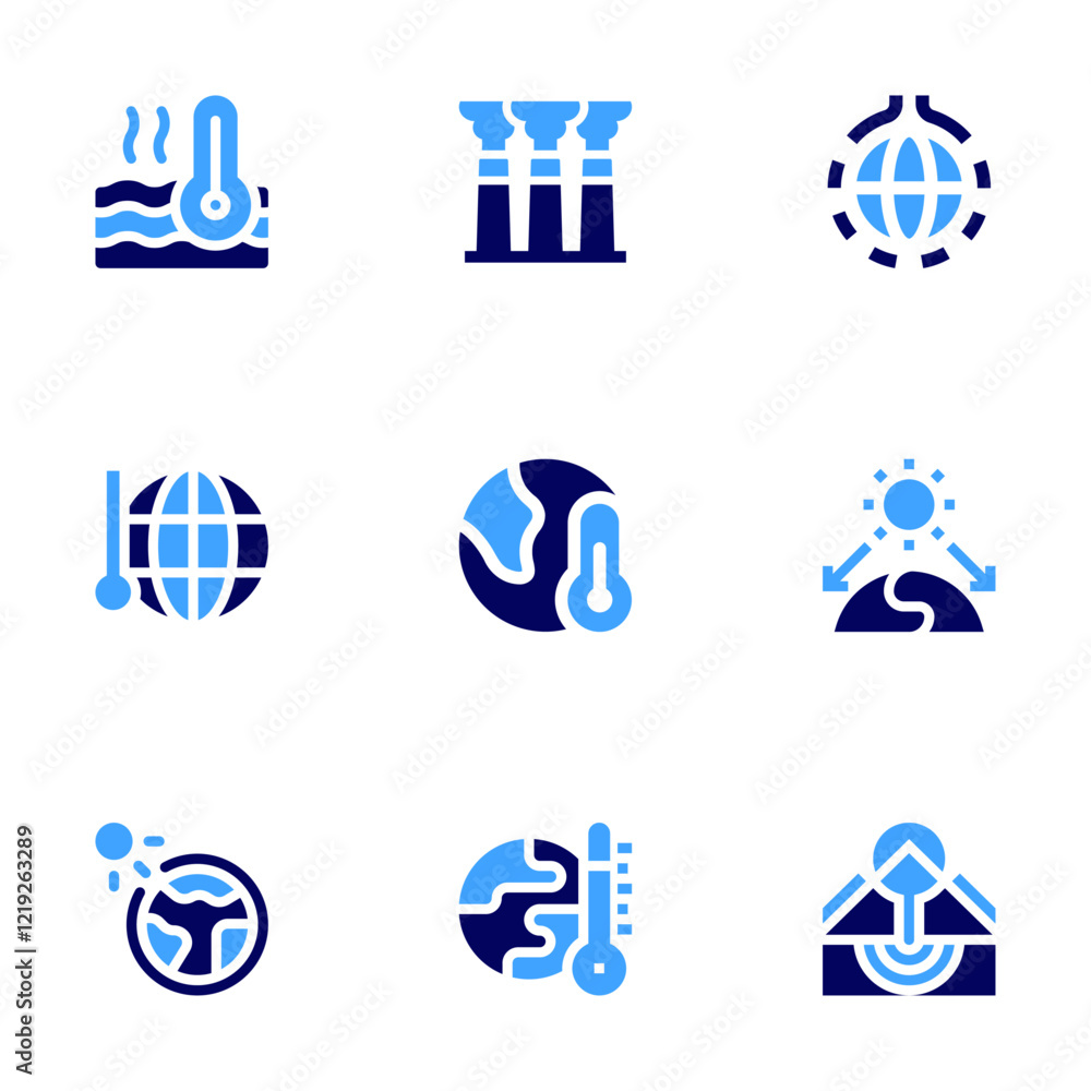 Global warming icon set. Bold style. Duotone colors. temperature, ozone ...
