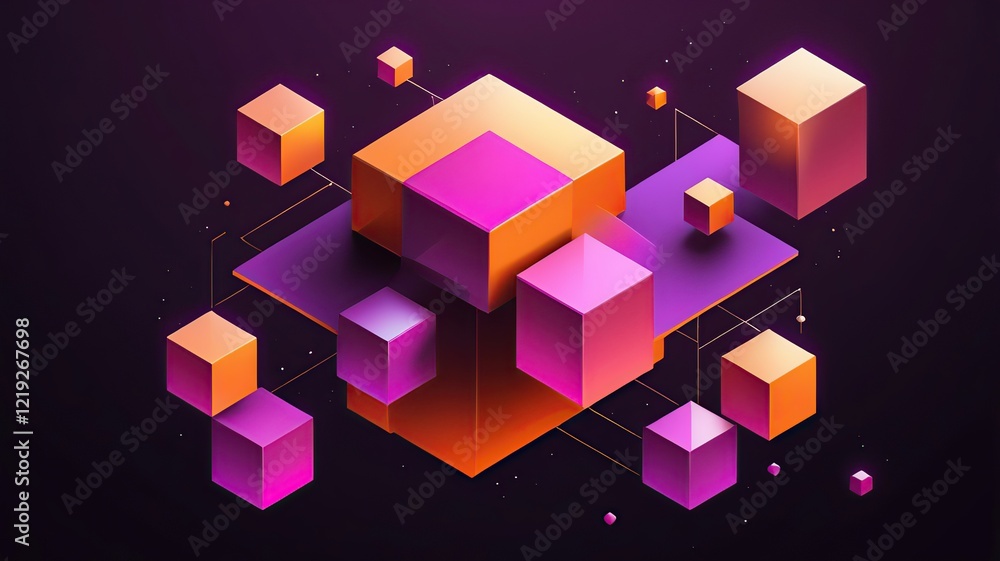 Symmetrical arrangement of geometric shapes, including cubes and ...