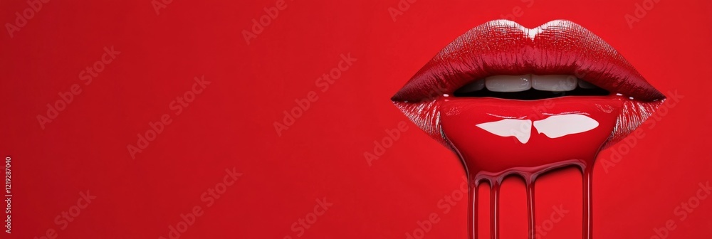 Sensual female lips with red lipstick dripping, showing white teeth and ...