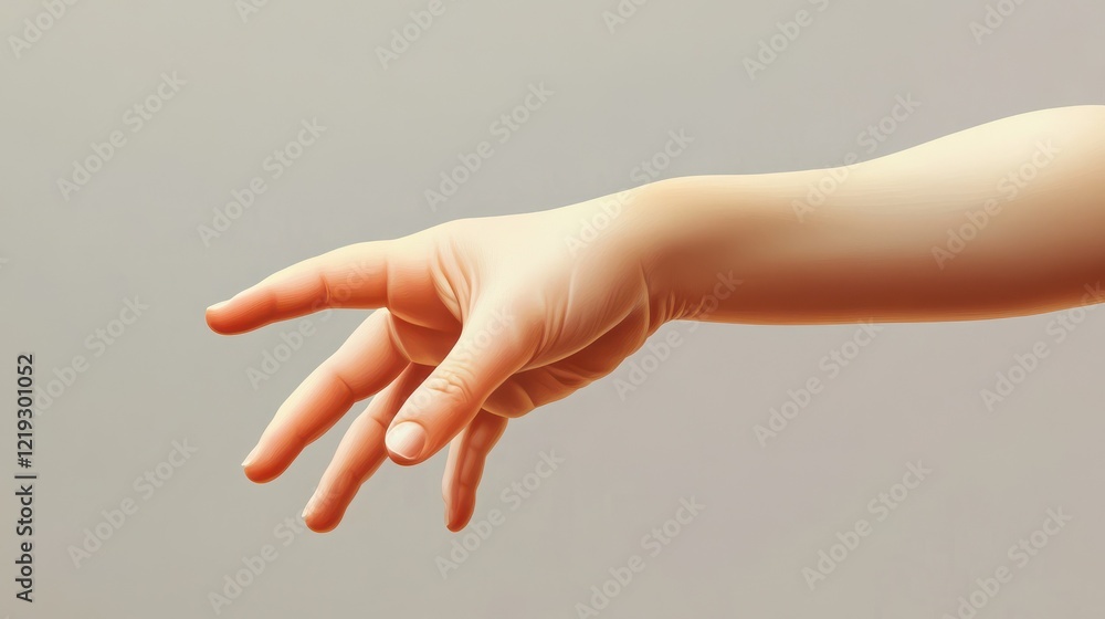 Cute baby hand reaching out against a neutral background, symbolizing ...
