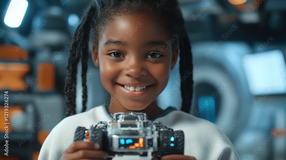 Happy African American junior school kid holding robotic car looking at ...