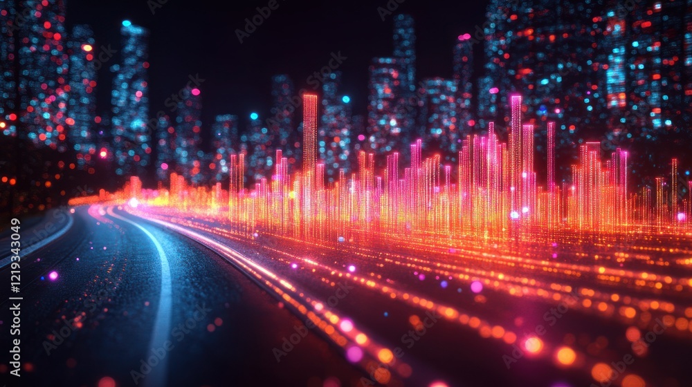 Futuristic highway, city lights, night drive, digital data flow, tech ...