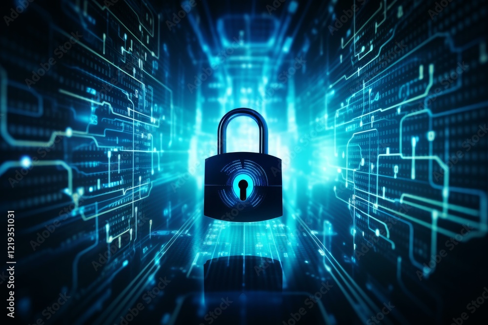 Padlock securing data flow inside a server room, symbolizing robust cyber security measures in ...
