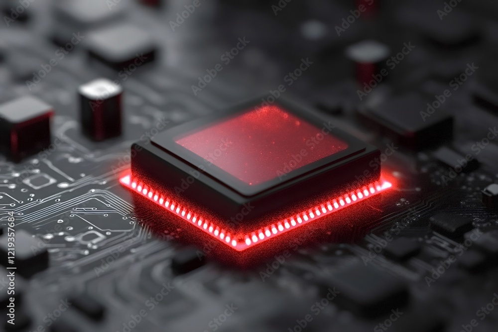 Quantum computing processor performing complex calculations with a glowing red light effect ...