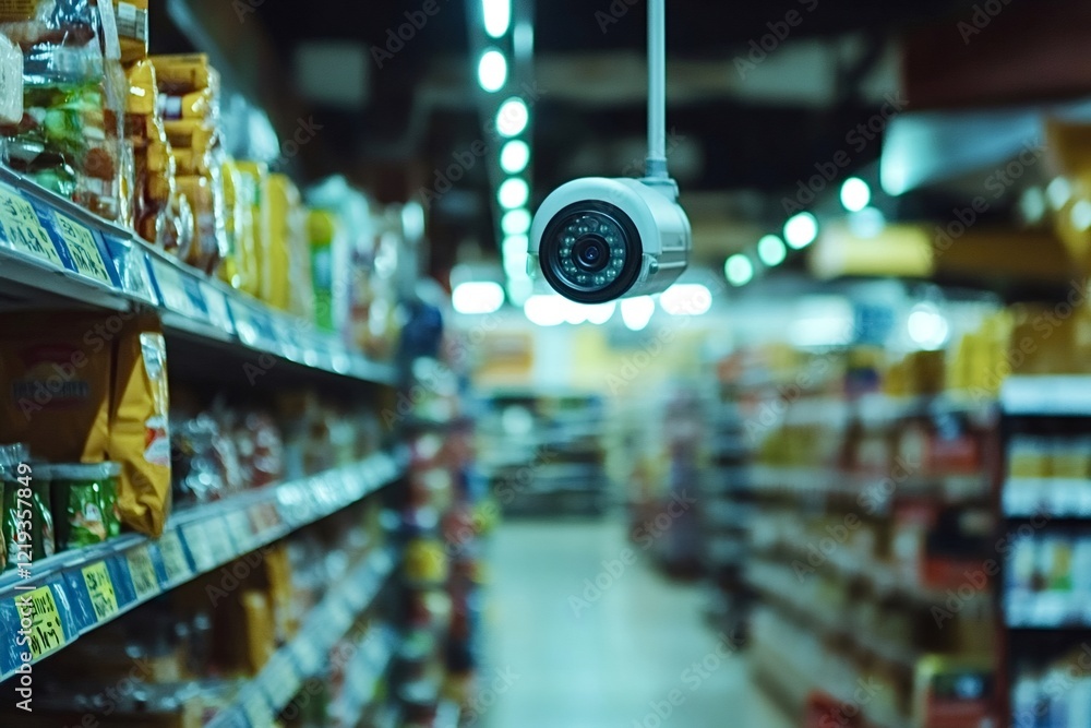 Cctv dome camera is recording video inside a grocery store, ensuring ...