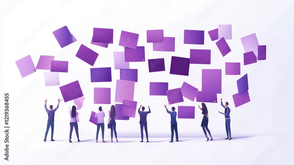 Team members moving cards on large kanban board. Teamwork ...