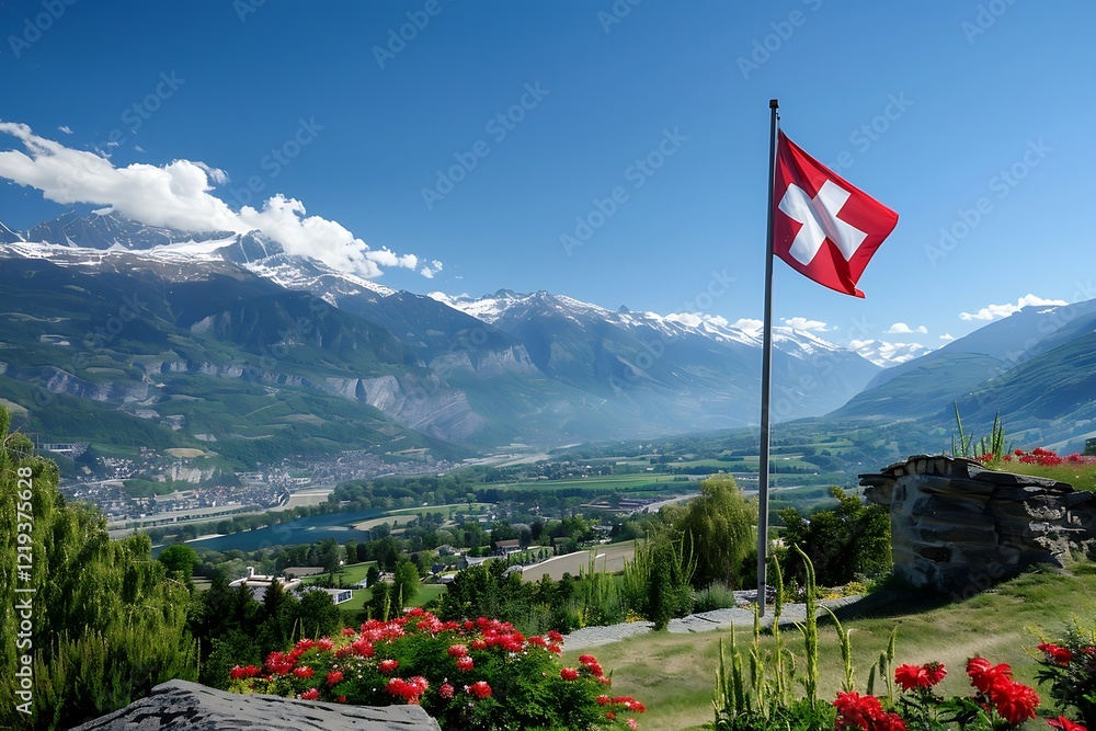 Swiss flag waving in the wind against the background of the Swiss Alps ...