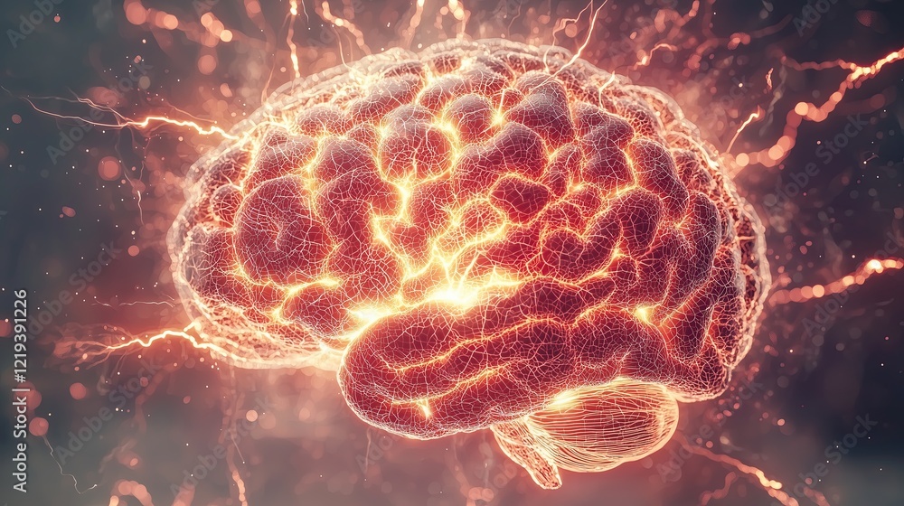 A highly detailed 3D graphic of a human brain emitting biological ...