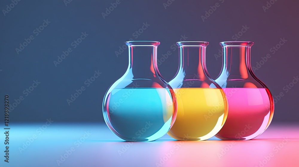 Chemical flasks with reagents. Laboratory glassware whith color liquid ...
