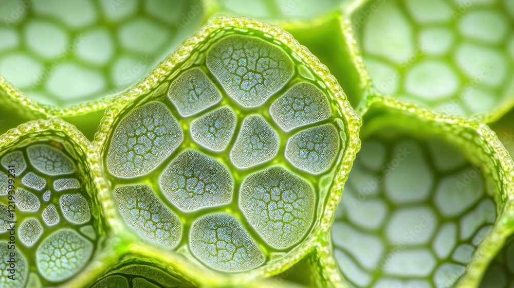 Microscopic plant cell structure, cross-section, vibrant green, detailed texture, scientific ...