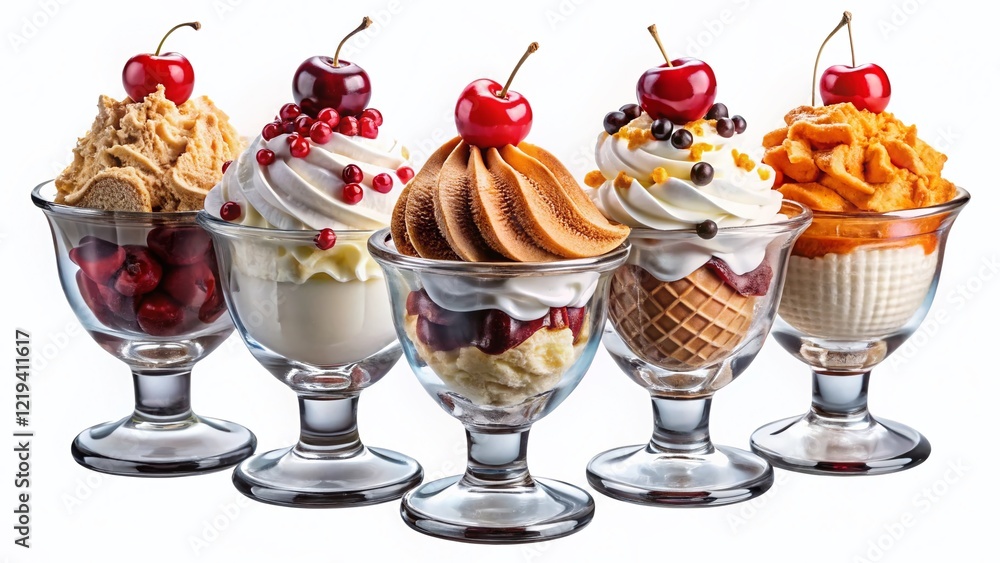 Seven Delicious Ice Cream Sundaes with Whipped Cream, Cherries & Wafers ...