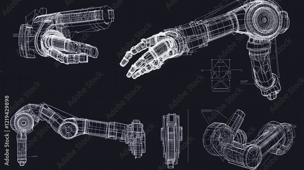 Wireframe model of a robotic arm in various stages of motion ...