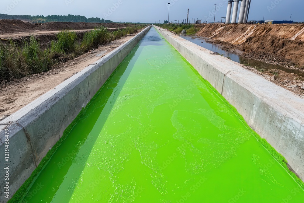 Toxins and pollution from industry. Vivid green water flows through a ...