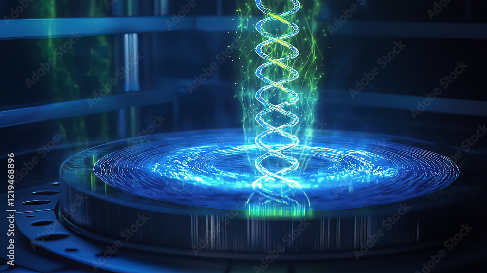 Photorealistic holographic display of a rotating DNA strand, glowing ...